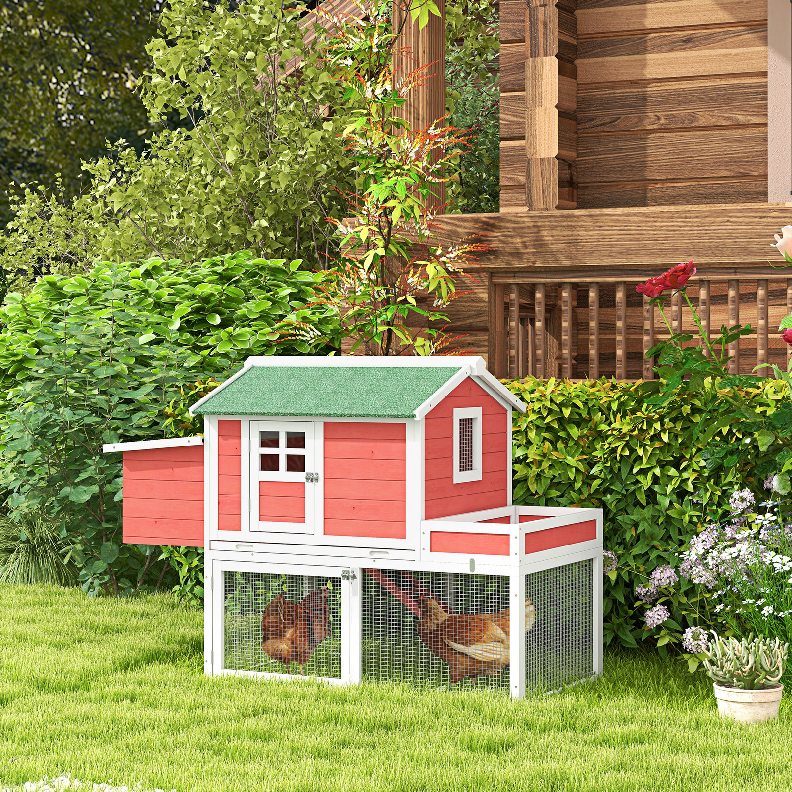 Mahogany Farmhouse Style Chicken Hutch w/ Spacious Run Area & Egg Case ...