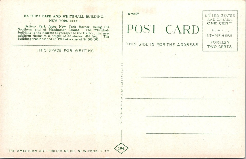 New York City Battery Park and Whitehall Building White Border Postcard ...