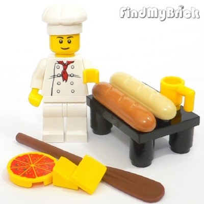 R5 Lego Chef Minifigure with Food Counter Pizza cheese French Bread ...