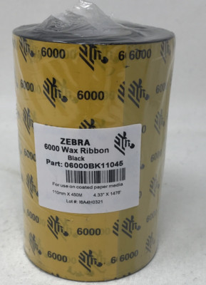 Zebra Wax Ribbons 4.33" x 1476' 6000 Black 06000BK11045 Single Roll ...