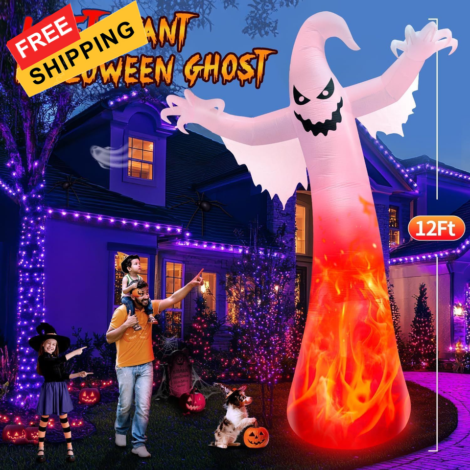 12FT Giant Halloween Inflatables Ghost with 3-Colored Flame Rotation ...