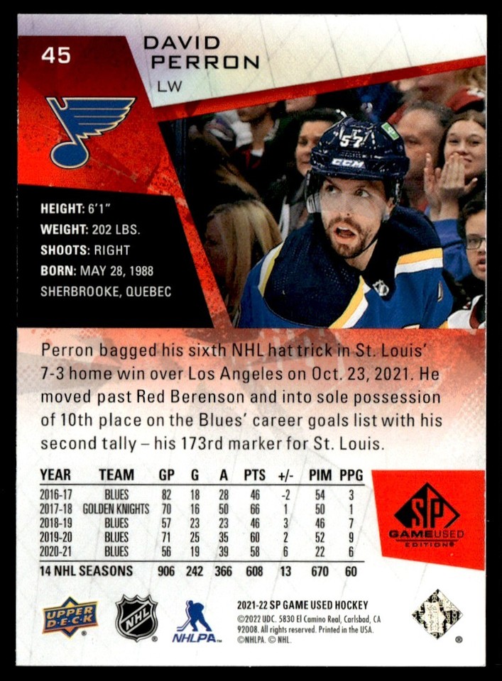 2021-22 UD SP Game Used Edition David Perron /205 St. Louis Blues #52 | eBay