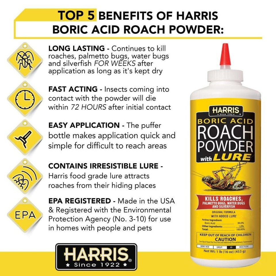 Harris Boric Acid Roach & Silverfish Killer Powder with Lure - 16 oz ...
