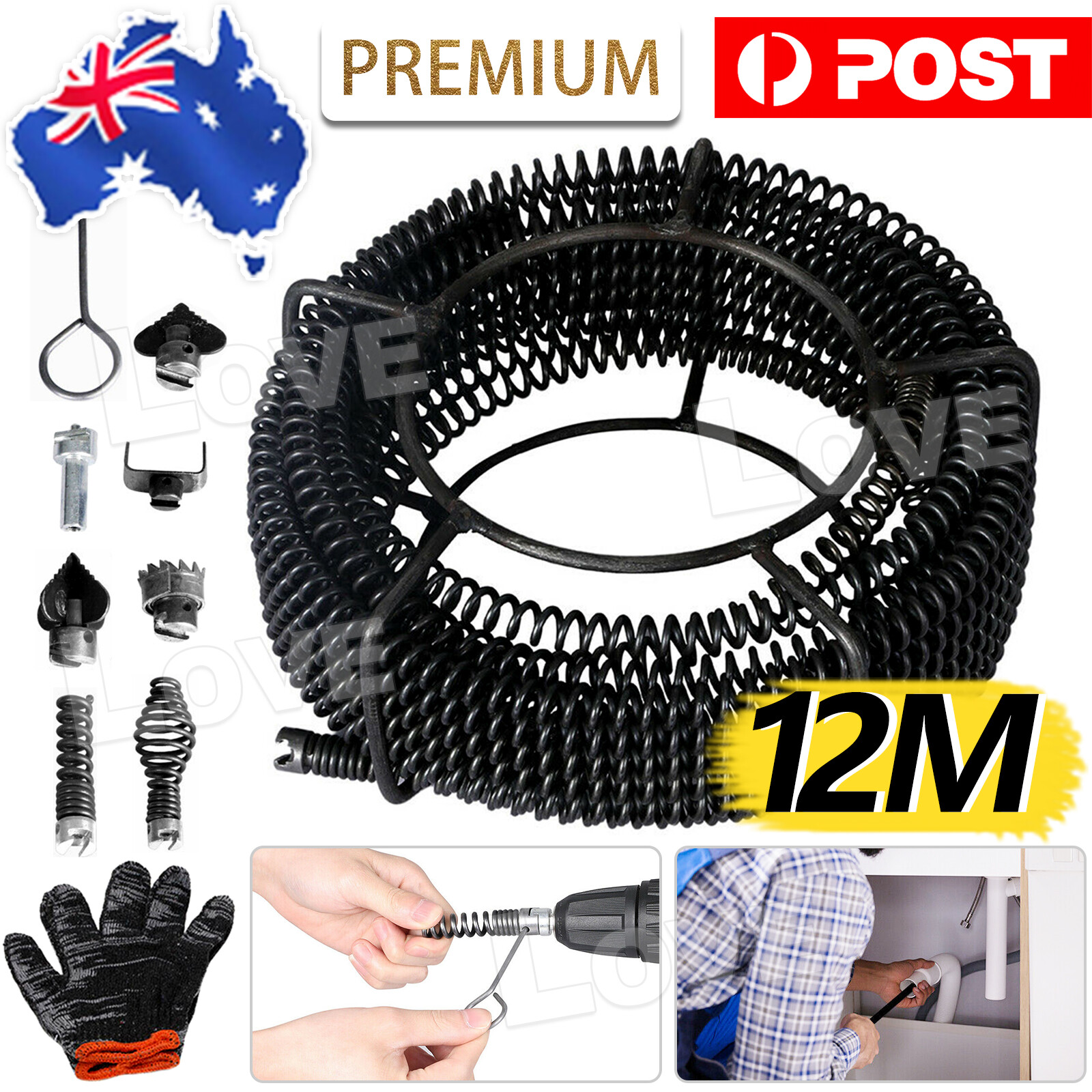 12m Drain Snake Pipe Sewer Cleaner Electric Unblocker Sink Pipeline 6 ...