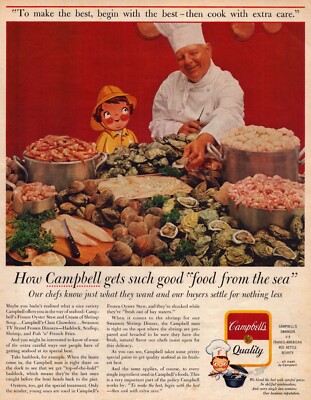 1964 Campbell's Soup Print Ad Food From The Sea Chef Cartoon Fisherman ...