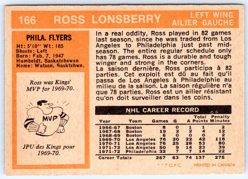 ROSS LONSBERRY 1972-73 O-PEE-CHEE 72-73 NO 166 EXMINT 41467 | eBay