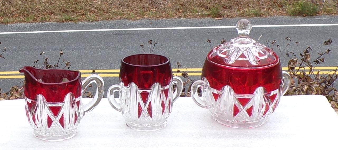 EAPG CLEAR with RUBY STAIN "TRIPLE TRIANGLE" SUGAR. CREAMER. SPOONER | eBay