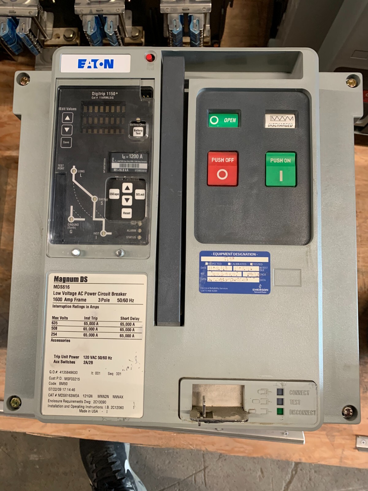 MDS616 Magnum DS Eaton Circuit Breaker MODO 1200A Digitrip 1150+ LSIG ...
