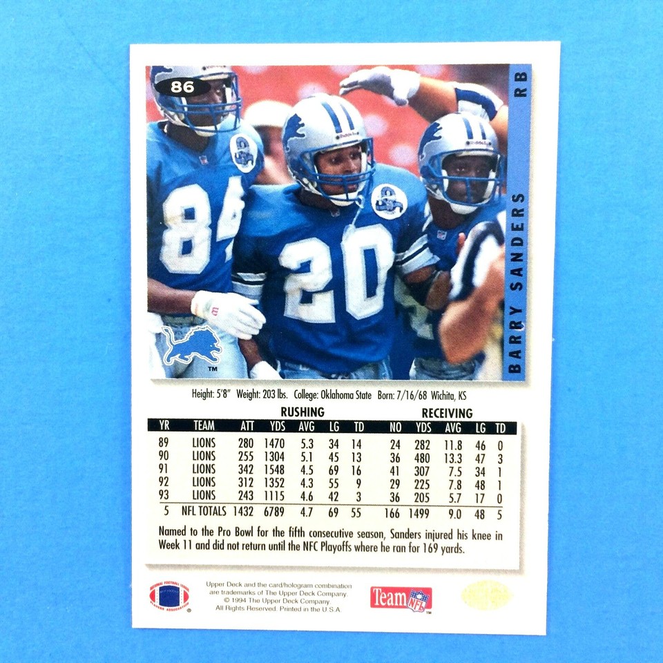 Barry Sanders 1994 Collector's Choice Silver Parallel #86 NFL HOF ...