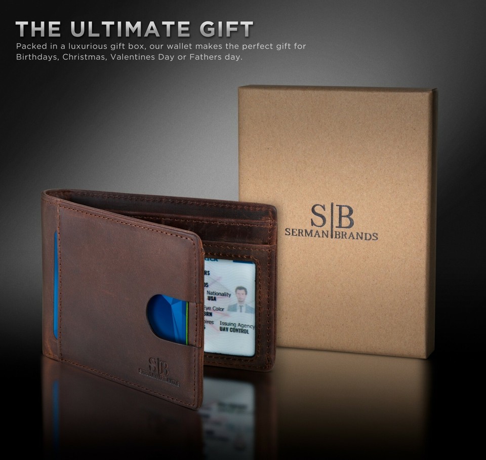 SERMAN BRANDS- Bifold Slim Genuine Leather Thin Minimalist Front Pocket ...