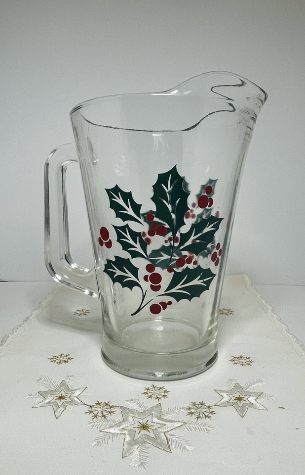 Set of Crisa Glass Holly Berry Pitcher With 4 Glass Set | eBay
