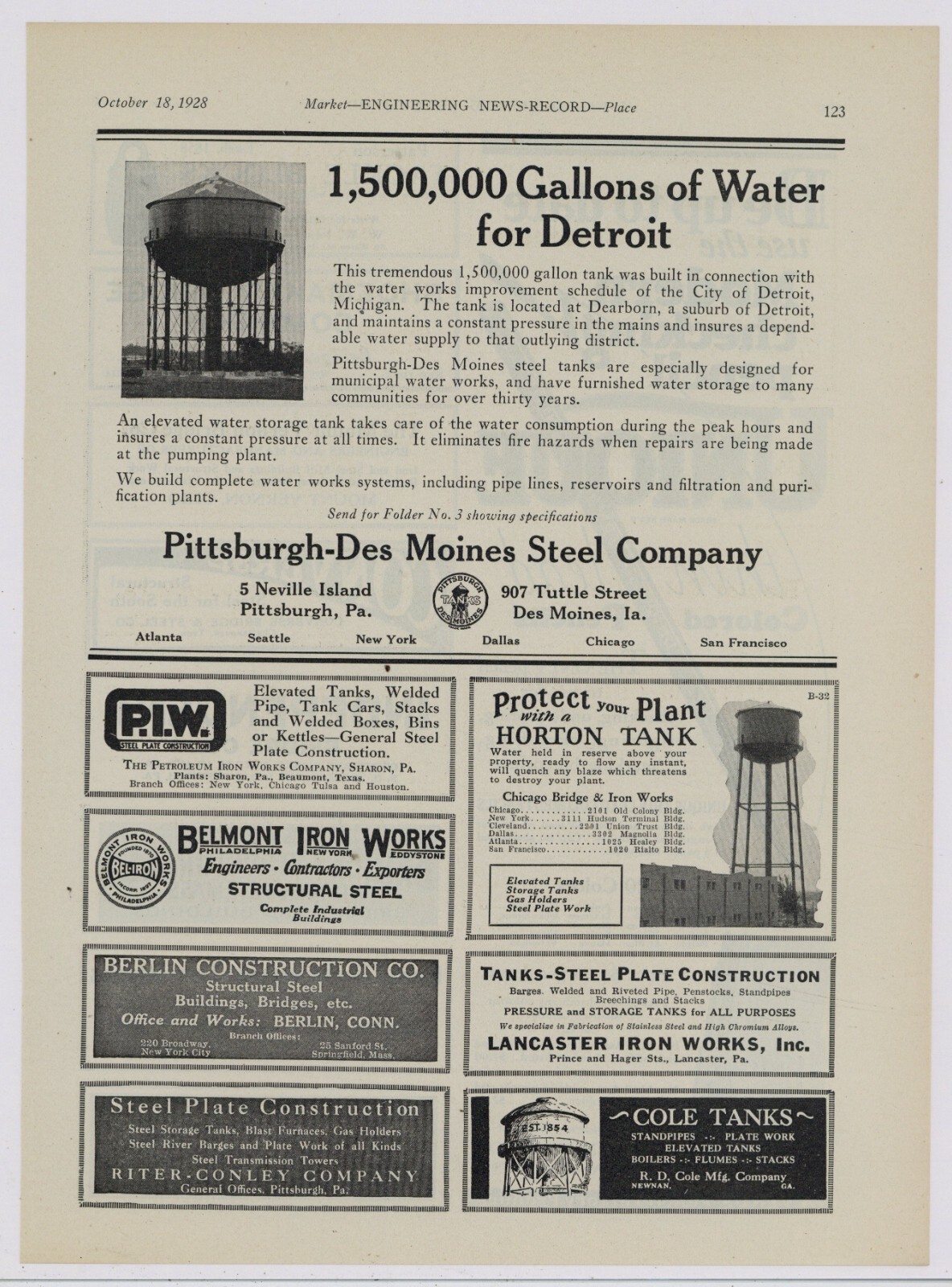 1928 Pittsburgh & Des Moines Steel Co. Ad: Dearborn, Michigan Water ...