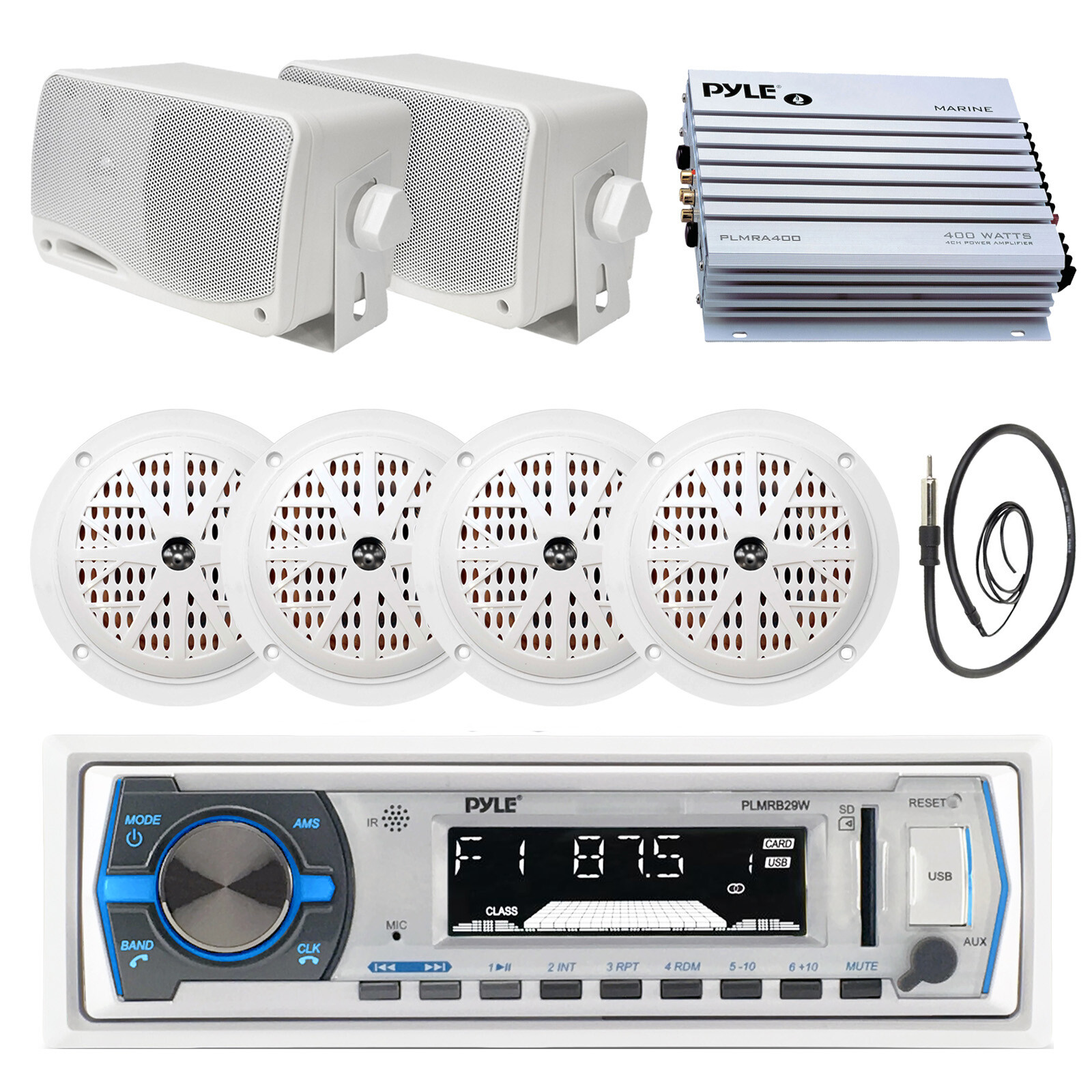400W Marine Amplifier,White Bluetooth USB Radio,Antenna,3.5" and 6.5 ...