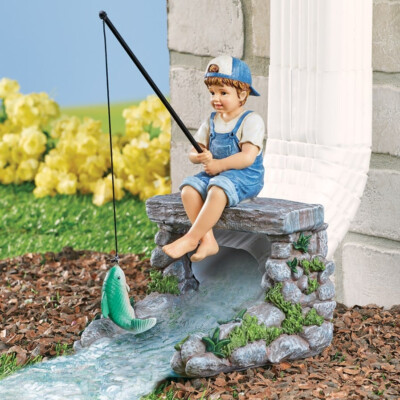 Little Boy Fishing Downspout Cover Extension Statue Garden Rain Gutter ...