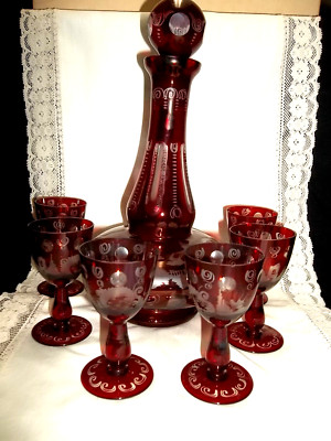 BOHEMIAN DECANTER & CORDIAL WINE GLASSES RED RUBY CUT TO CLEAR 6 PC | eBay
