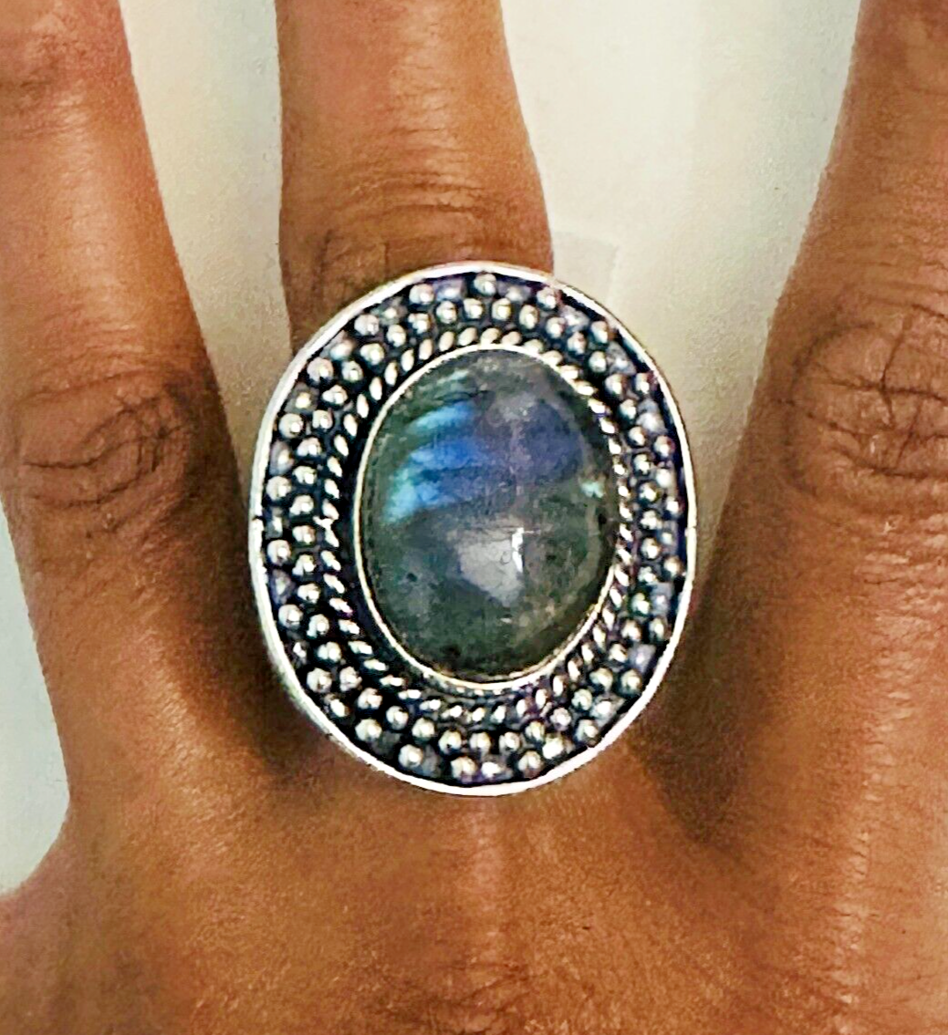 Labradorite Real Gemstone Ring Large 1.25 Inches Ornate Setting Ring ...