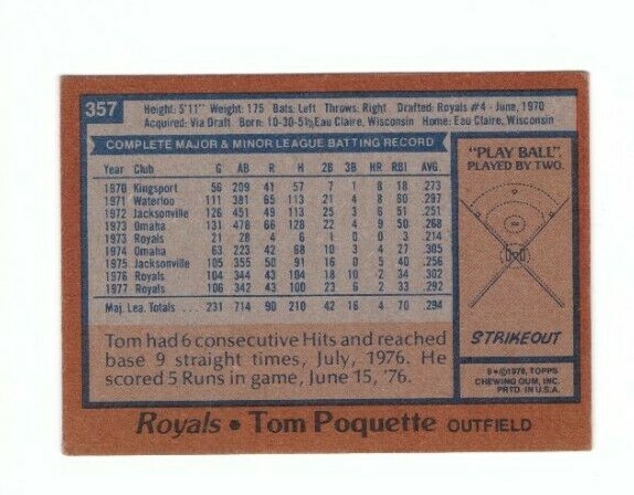 1978 Topps Baseball card #357 Tom Poquette Royals | eBay