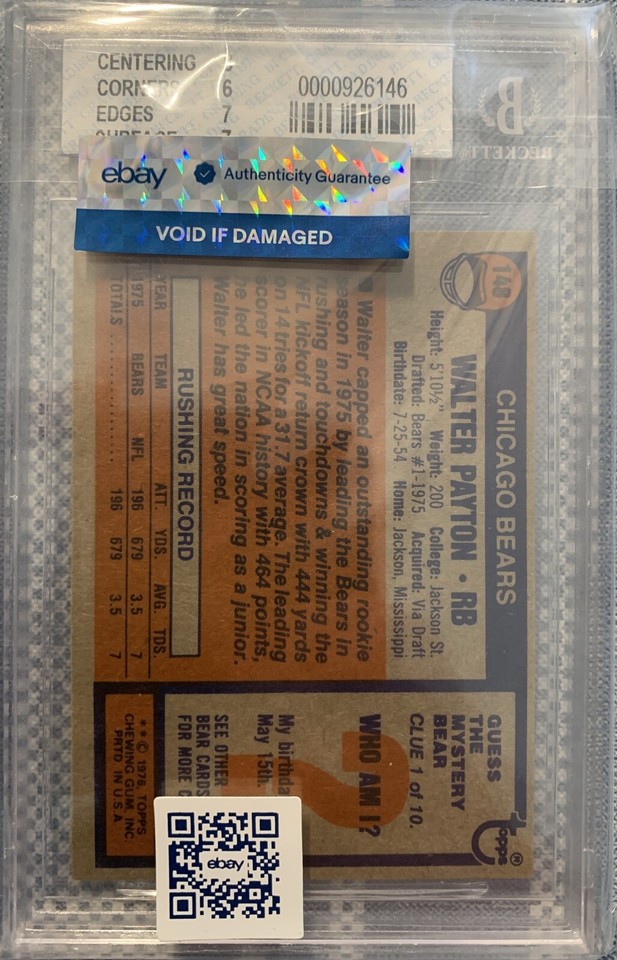 1976 WALTER PAYTON BGS 6.5 NOT BVG OLD LABEL GRADED ROOKIE CARD RC | eBay