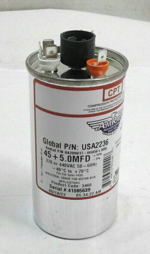 AmRad USA2236 CPT Round Motor Run Capacitor 45+5 MFD 370 or 440VAC 50 ...