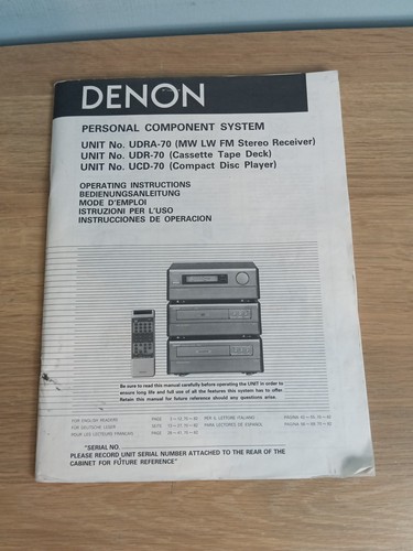 Denon Personal Component System Instruction Booklet For UDRA-70 UDR-70 ...