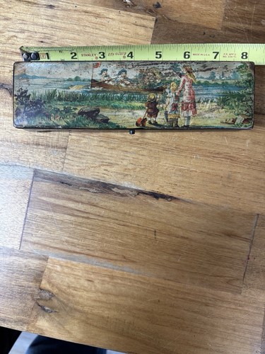 antique Lithograph Wood Pencil Box, Children By Lake,black Base, 8 ...