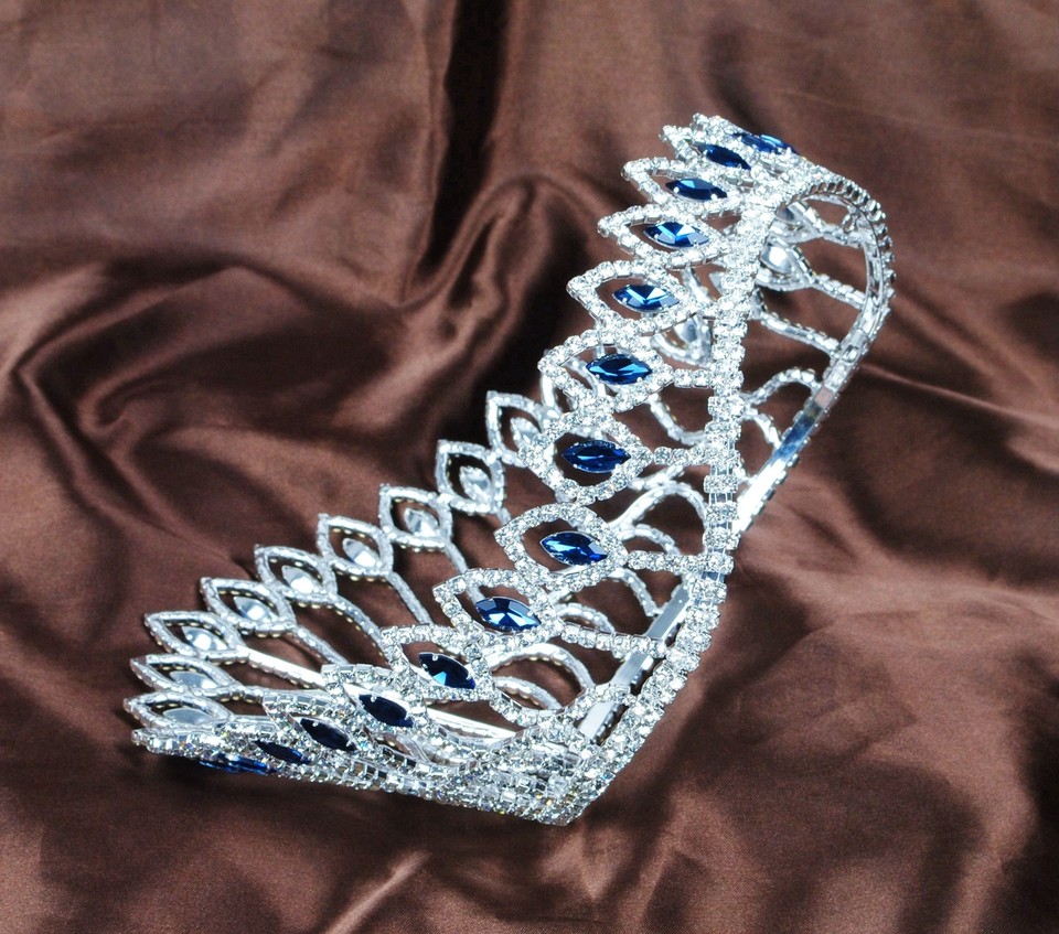 Large Contoured Pageant Tiara Blue Rhinestone Crown Wedding Prom Party ...