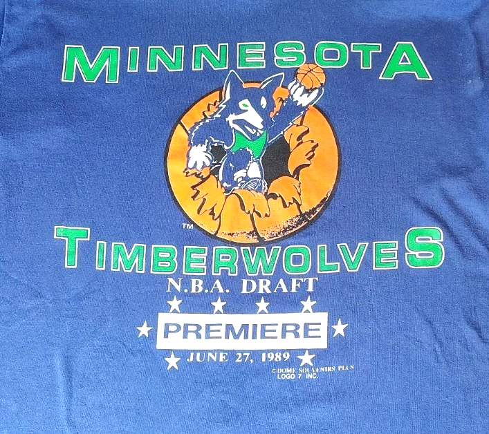 VINTAGE 1989 LOGO 7 MINNESOTA TIMBERWOLVES PREMIERE NBA DRAFT T -SHIRT ...