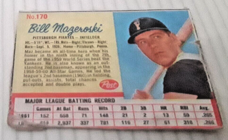 BILL MAZEROSKI Post Baseball Card 1961 NO.170 VINTAGE | eBay