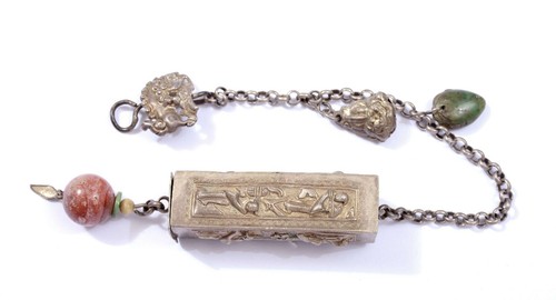 Old Chinese Solid Silver Needle Case Box Chains Agate, Turquoise Carved ...