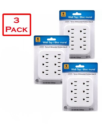3 Pack White 6 Outlet Wall Outlet Adapters Multi Plug Power Splitters ...