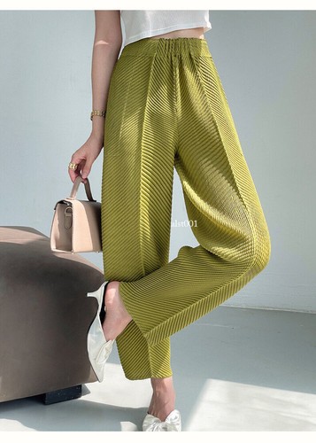 Women Fashion Fish Scale Texture Pleated Pant Elastic Waist Wide Leg ...