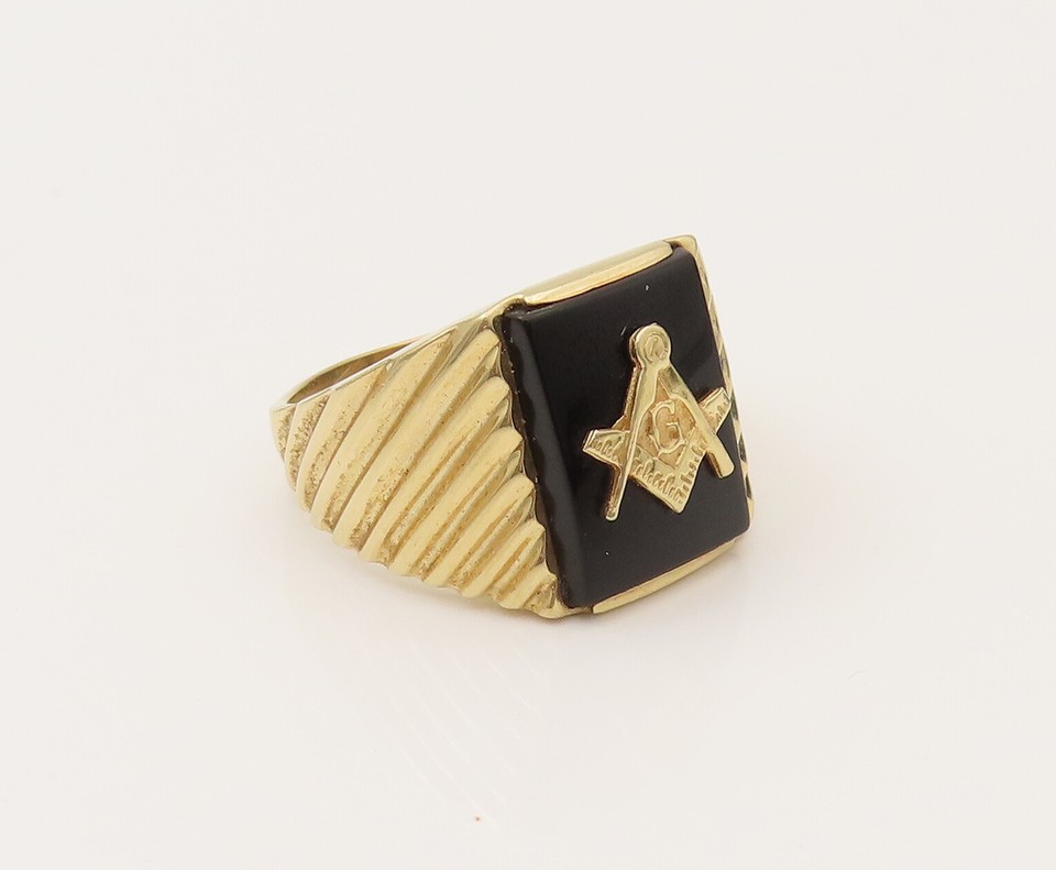 14K GOLD Vintage Black Stone Freemason Masonic Symbol Band Ring Sz 12 ...