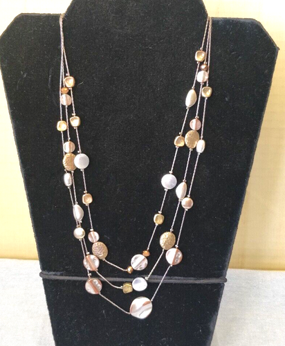 silver tone delicate necklace 3 strand with faux shell / silvery discs ...