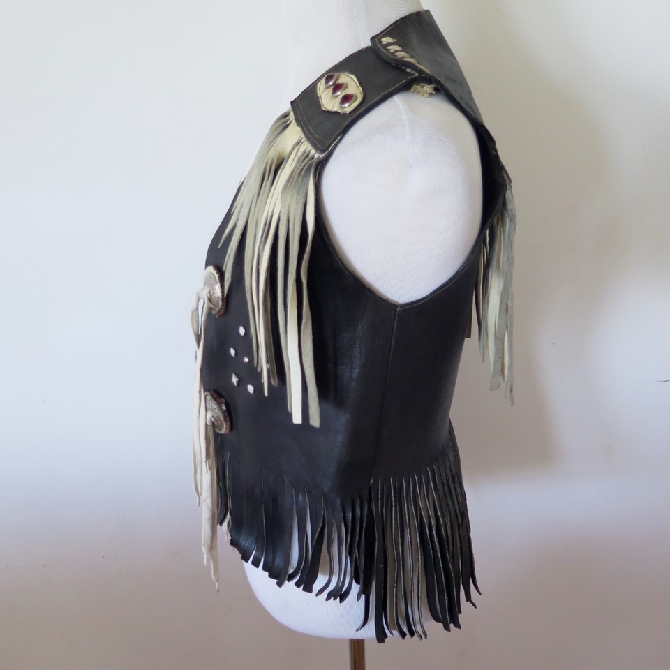 VINTAGE ORIGINAL RODEO WESTERN LEATHER VEST FRINGE STUDDED SMALL ...