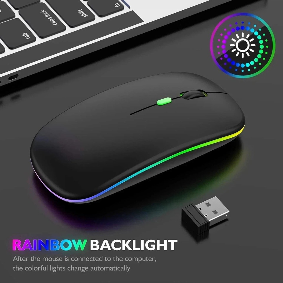 RGB LED Wireless Mouse Rechargeable Optical Silent Mice USB For PC ...