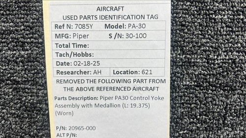 20965-000 Piper PA30 Control Yoke Assembly with Medallion (L: 19.375 ...