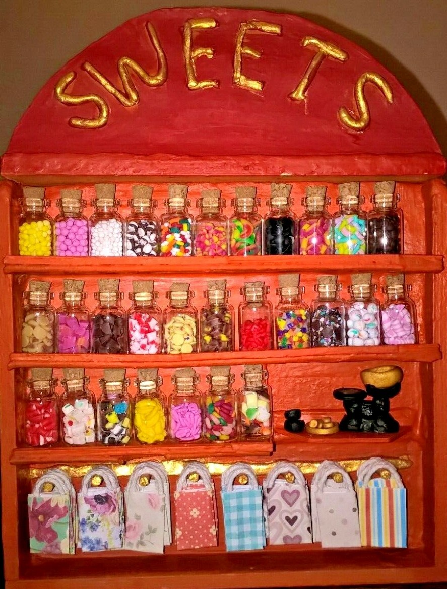 Dolls house sweet shop. 10 x assorted sweet jars 1/12 scale (stand not ...
