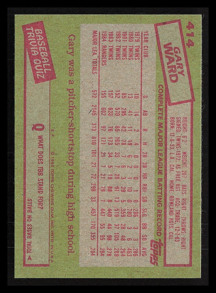 Gary Ward 1985 Topps #414 Texas Rangers | eBay