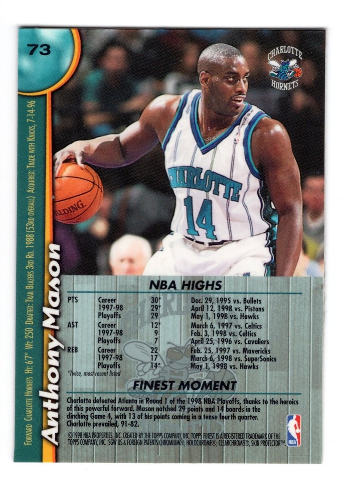 1998-99 TOPPS FINEST ANTHONY MASON CARD #73 **NM-MT** CHARLOTTE HORNETS ...