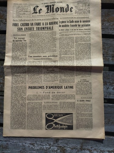JOURNAL LE MONDE DU 3 JANVIER 1959 - FIDEL CASTRO | eBay