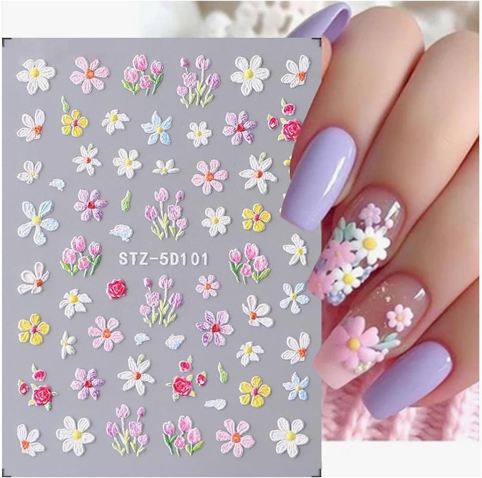 JMEOWIO 3D Embossed Flower Nail Art Stickers Decals Self-Adhesive 5D ...