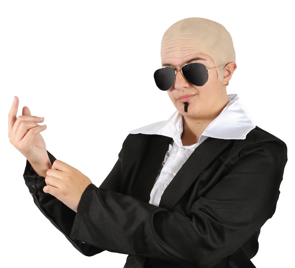 ADULTS MR WORLDWIDE FANCY DRESS COSTUME BALD CAP GLASSES SOUL PATCH ...