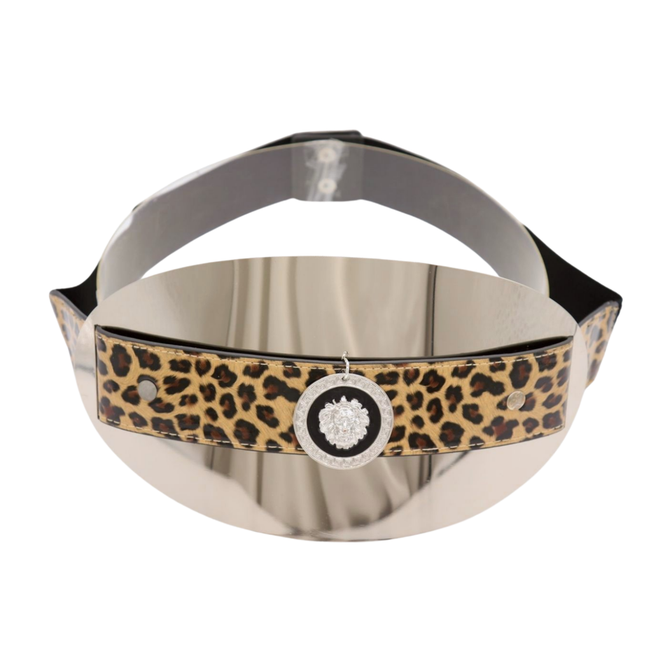 Women Black Elastic Leopard Band Belt Silver Oval Plate Metal Lion Coin ...