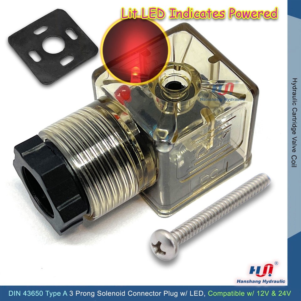 DIN 43650 Type A 3 Prong Solenoid Connector Plug DC 12 V 24 VDC w/ LED ...