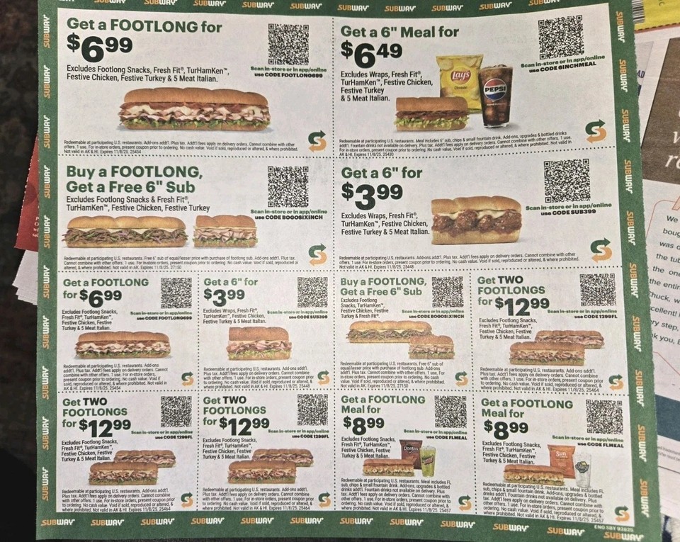 One sheet of Subway coupons, Exp November 8, 2025 | eBay