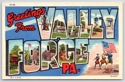 Greetings From Valley Forge Pennsylvania Large Letter Buildings Statue ...