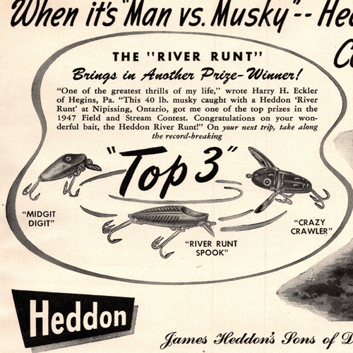 1948 Fishing HEDDON LURES Midgit Digit Crazy Crawler River Runt Vintage ...