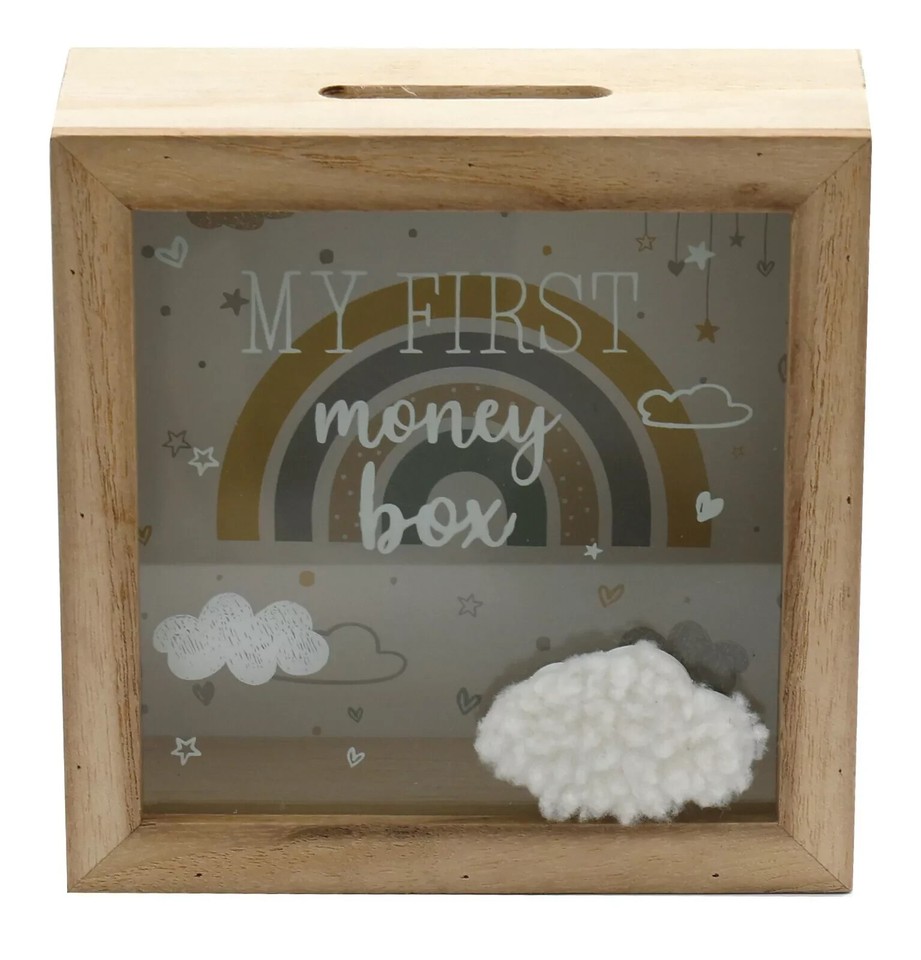 Wooden Money Box Frame Glass Coins Notes Savings Piggy Bank Ceramic ...