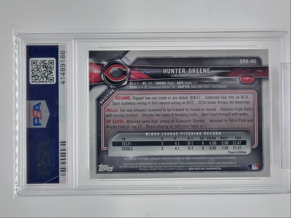HUNTER GREENE 2018 BOWMAN CHROME 1ST AUTOGRAPH REDS AUTO PSA 10 Q1048 ...