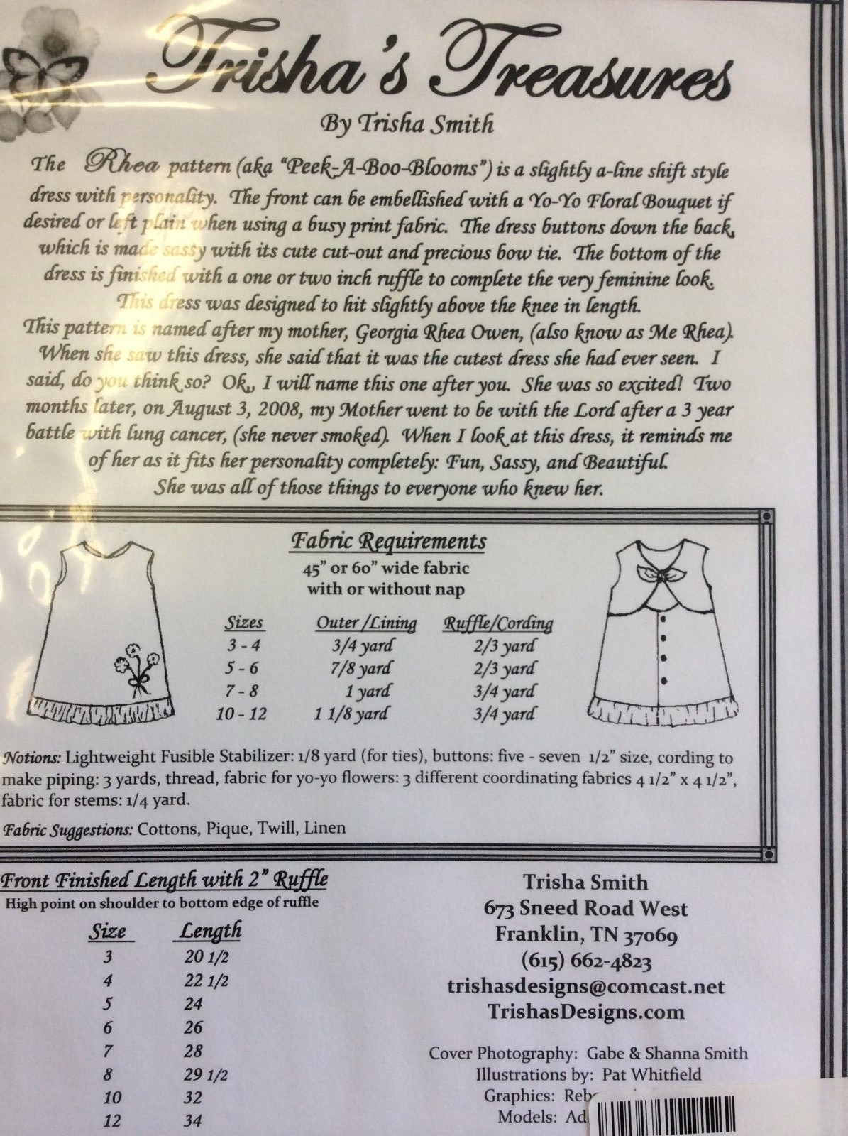 TRISHA'S TREASURES PATTERN-"RHEA" DRESSES- SIZES AVAILABLE- (3,4,5 ...